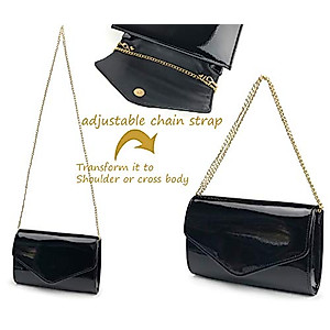 HOXIS Glossy Envelope Evening Clutch Faux Patent Leather Women Chain Shoulder Bag Solid Color Purse (Black)