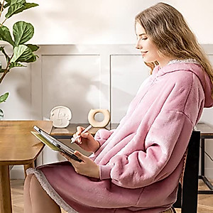 HBlife Oversized Wearable Blanket Hoodie for Adult, Thick Sherpa Sweatshirt with Elastic Sleeves and Giant Pockets Super Warm and Cozy Fuzzy Plush Fleece Blanket Jacket, Pink