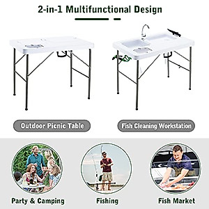 Avocahom Folding Fish Cleaning Table Portable Camping Sink Table w/Dual Water Basins, Faucet Drainage Hose & Sprayer Outdoor Fish Fillet Cleaning Station w/Knife