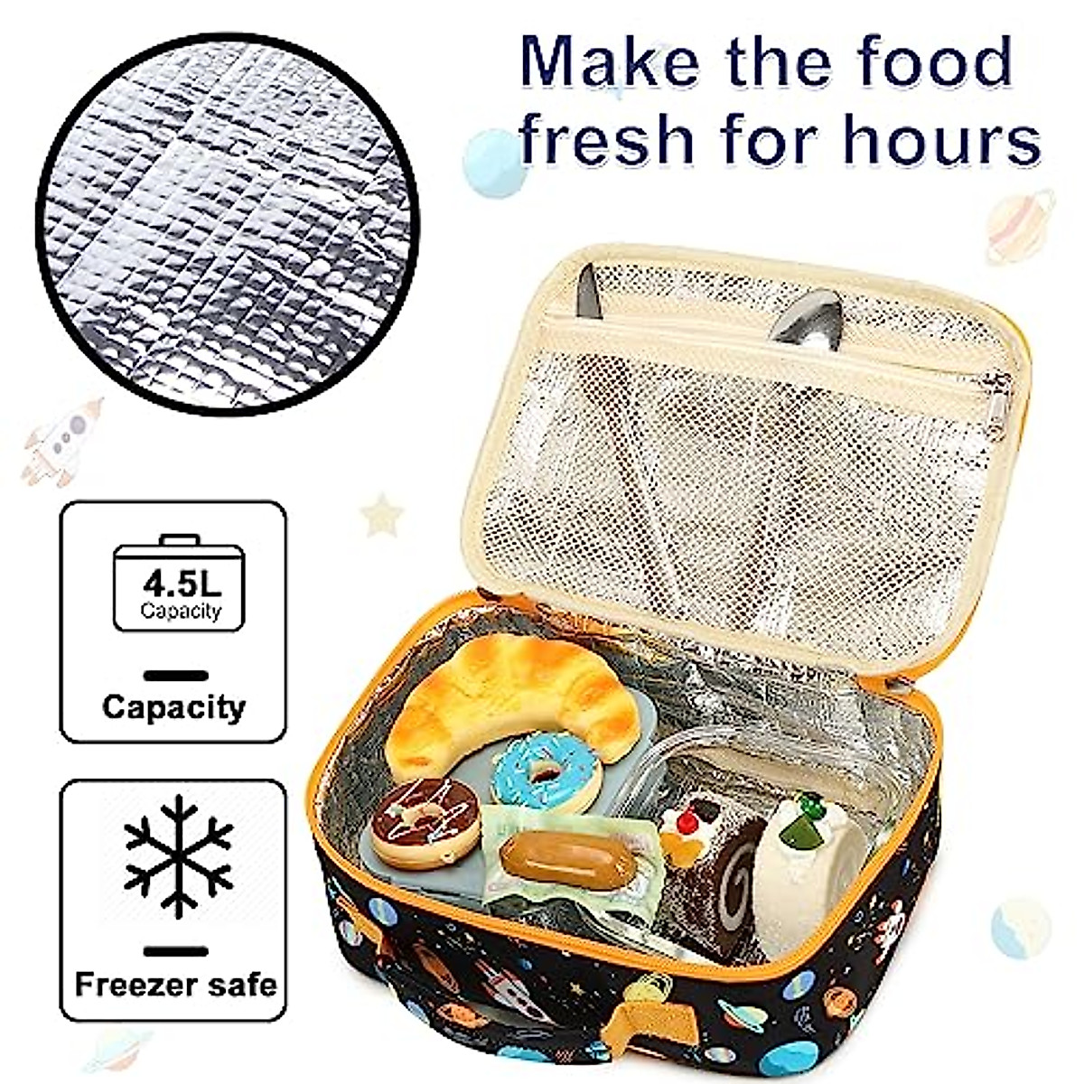 Kids Lunch Box Boys Girls Insulated Lunch Cooler Bag Reusable Lunch Tote Kit for School Travel (Rocket Planet)