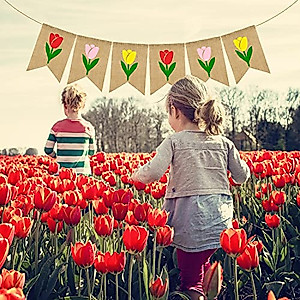 Doumeny Hello Spring Burlap Banner Colorful Spring Bunting Banner Jute Tulip Flower Bunting Garland Spring Theme Party Banner with Flower for Mantle Fireplace Wall Door Party Spring Break Celebration