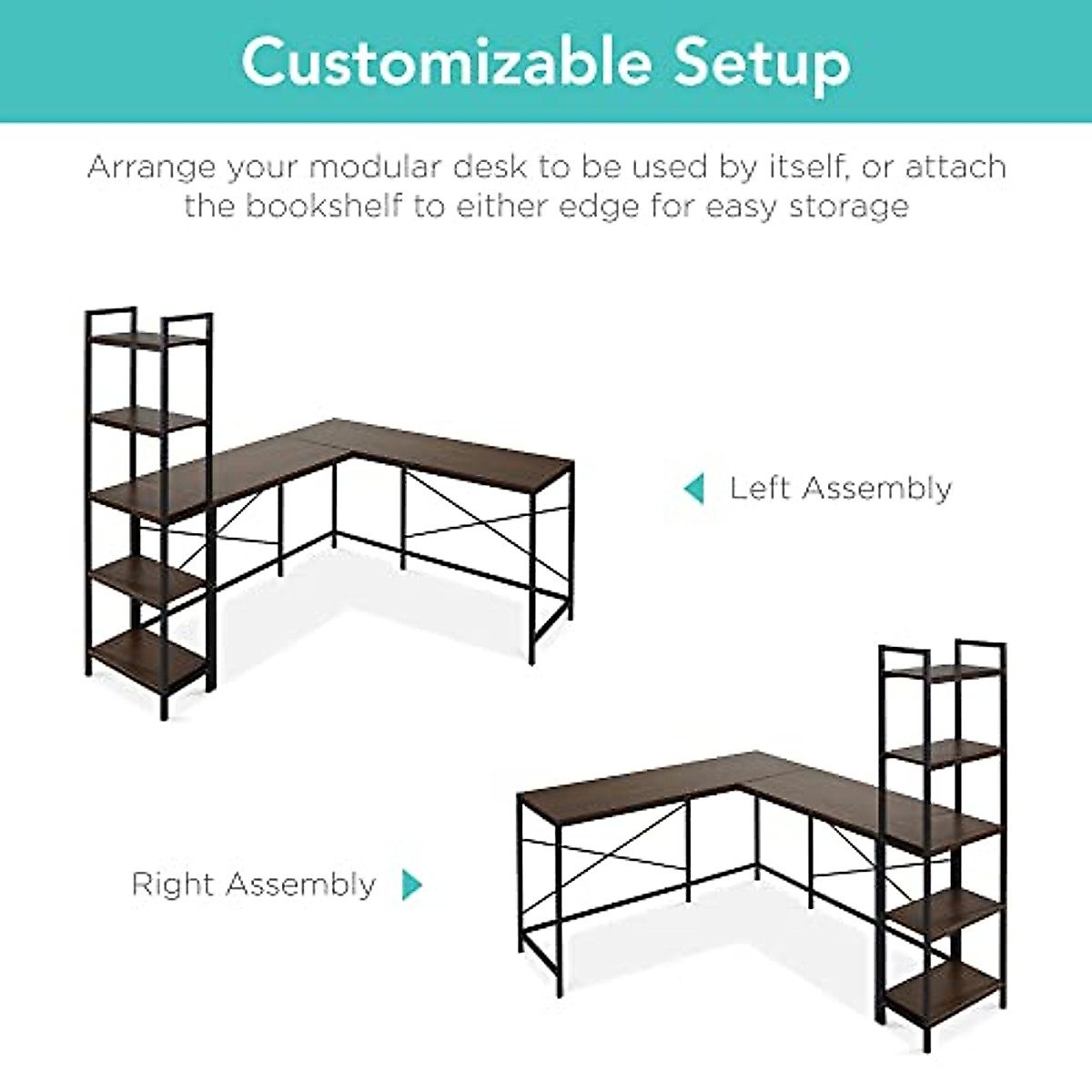 Best Choice Products L-Shaped Corner Computer Desk, Large Study Workstation Furniture w/Multifunctional 5-Tier Open Storage Bookshelves, Custom Setup for Home, Office - Brown/Black