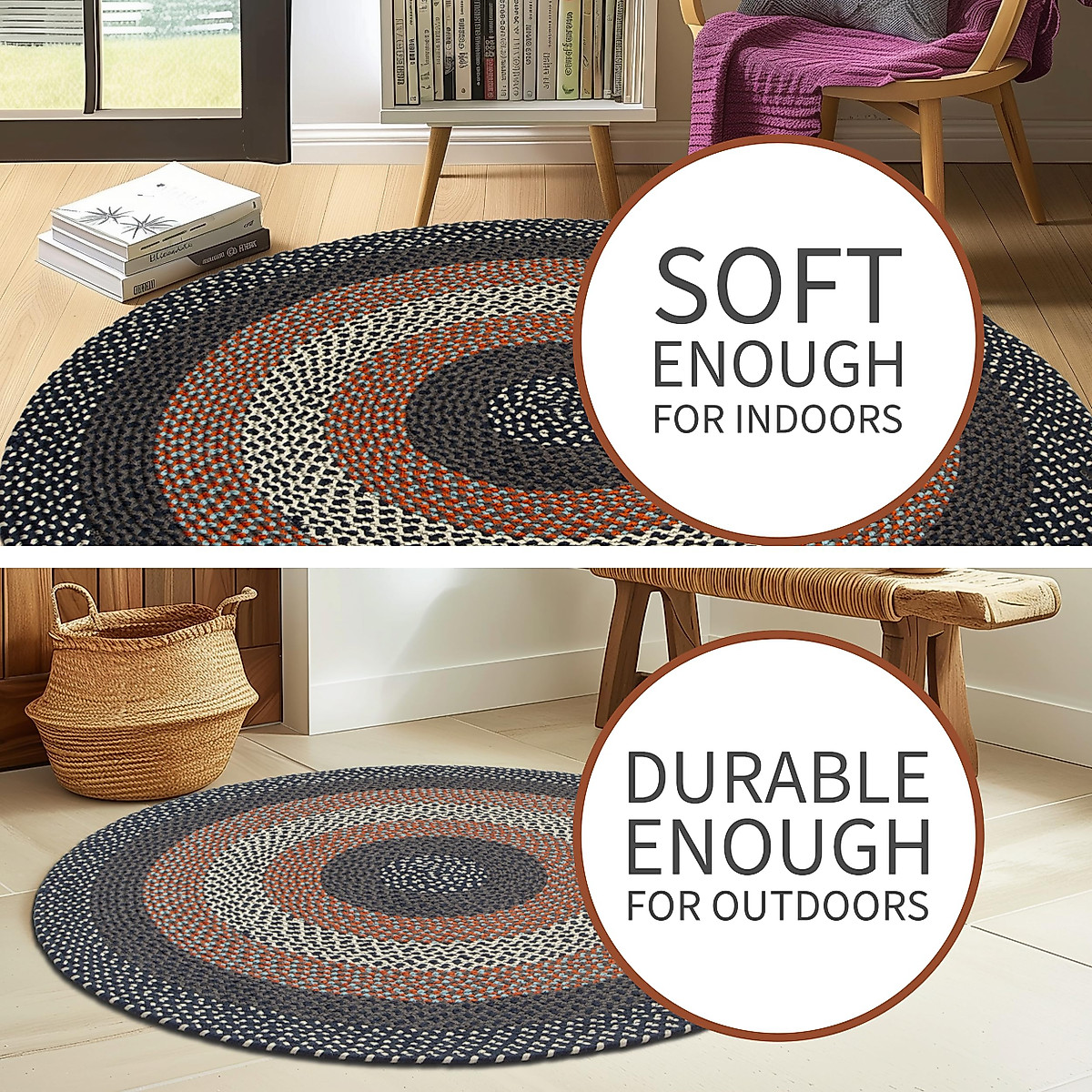 Super Area Rugs Rustic Red/White/Blue Braided Rug for Entryway/Foyer, Washable Navy Indoor Outdoor Braided Rug for Patio/Porch 3' x 5' Oval