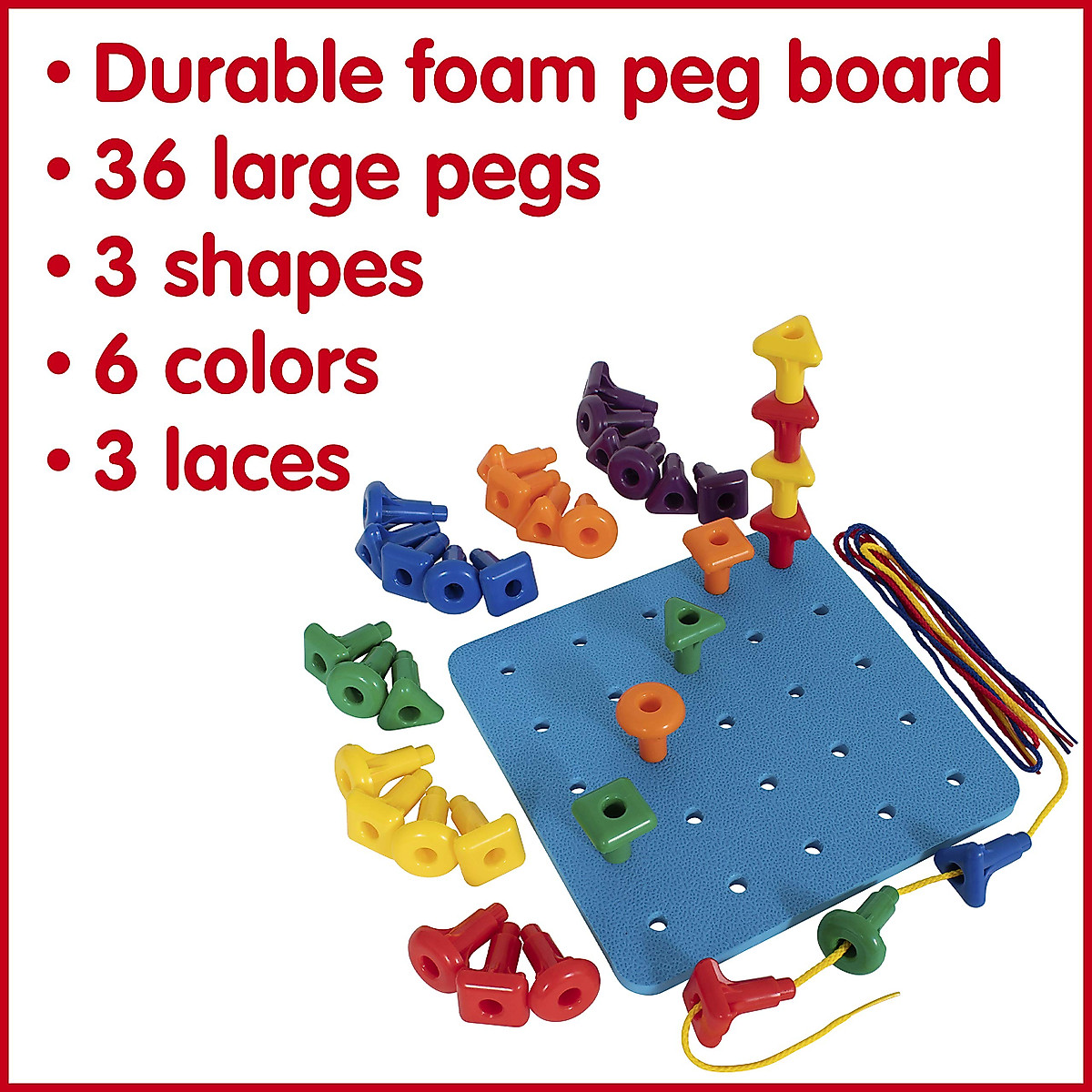 edxeducation Geo Pegs and Peg Board Set - 36 Pegs in 3 Shapes and 6 Colors + 3 Laces - Ages 18m+ - Homeschool Supplies for Preschool Activities