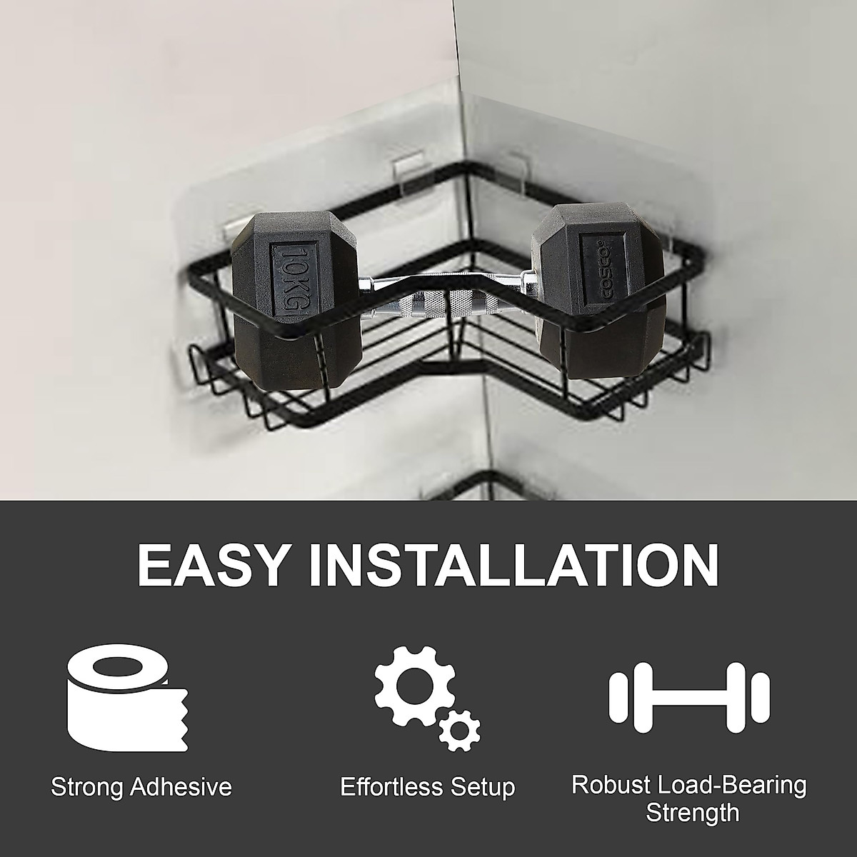 Corner Shower Caddy Organizer Set, Pack of 3 Adhesive Rustproof Stainless Steel Shower Racks with 2 Wall Hooks, Bathroom & Kitchen, Black