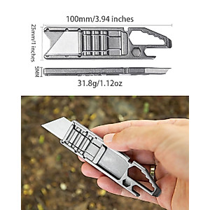 Tenchilon T394 Utility Knife, 10-in-1 Multi-Tool Retractable Pocket Knife, 3.94 inches Titanium Handle with Pry Bar, 10pcs Extra Replaceable SK5 Blades, Keychain Carry Box Cardboard Cutter EDC Knives