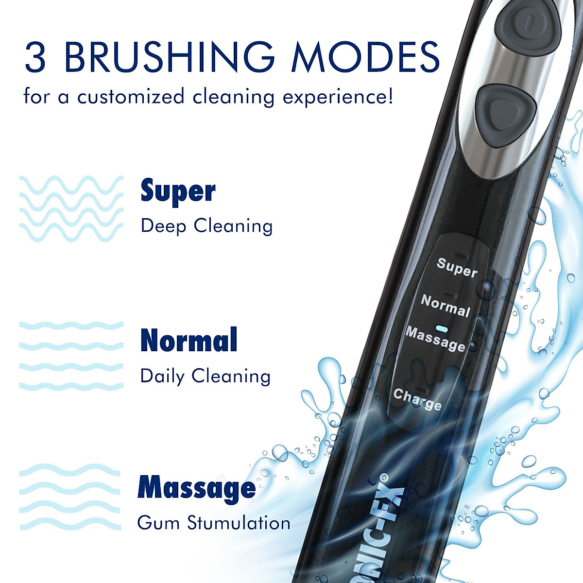 Sonic-FX Solo Electric Toothbrush - 3 Brushing Modes - with Intelligent Auto-Timer, Includes 2 Tooth Brush Heads, and 1 Interdental Head, Rechargeable, Electronic Charging/Storage Base (Black)