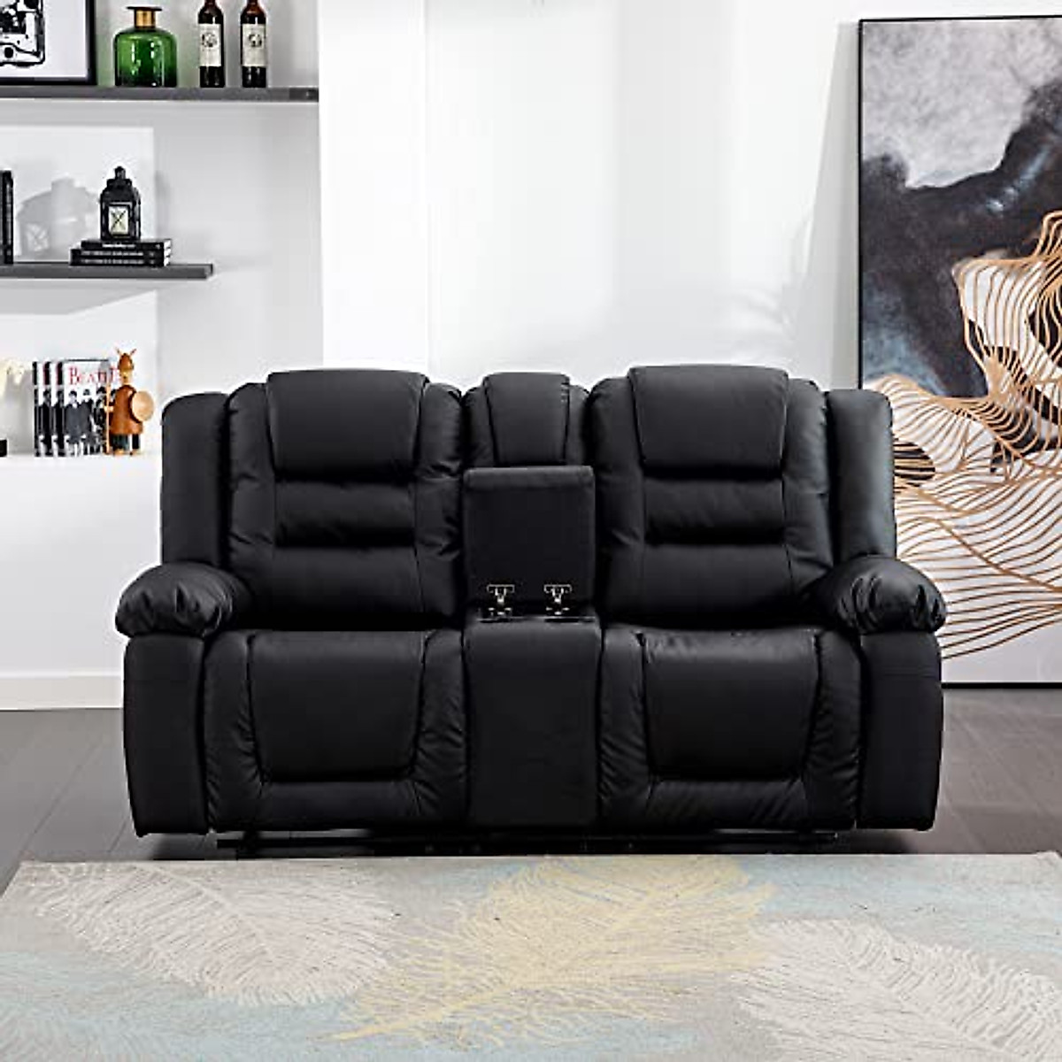 PU Leather Double Reclining Sofa with Center Console, Upholstery Manual Recliner Loveseat Couch w/Easy Pull Handles and Adjustable Footrest, 2-Seater Sofa & Couch for Home Theater Seating