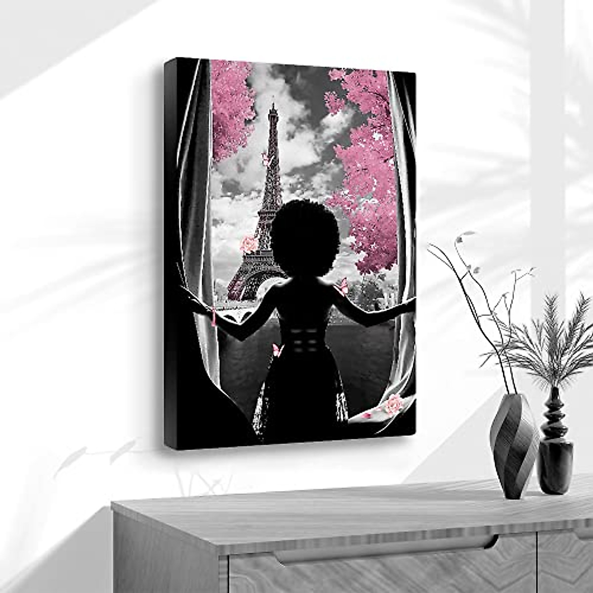 African American Wall Art Black Girl Pink Flowers Canvas Prints Modern Black and White Wall Art Fashion Paris Decoration Pictures Painting Framed Artwork Home Decor for Bedroom Bathroom 16x24inch