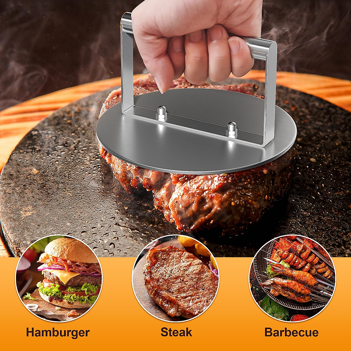 niffgaff Stainless Steel Burger Press, 5.5 Inch Round Burger Smasher, Nonstick Smooth Grill Press for Flat Top Skillet Grill Cooking, Flat Bottom Griddle Accessories Kit