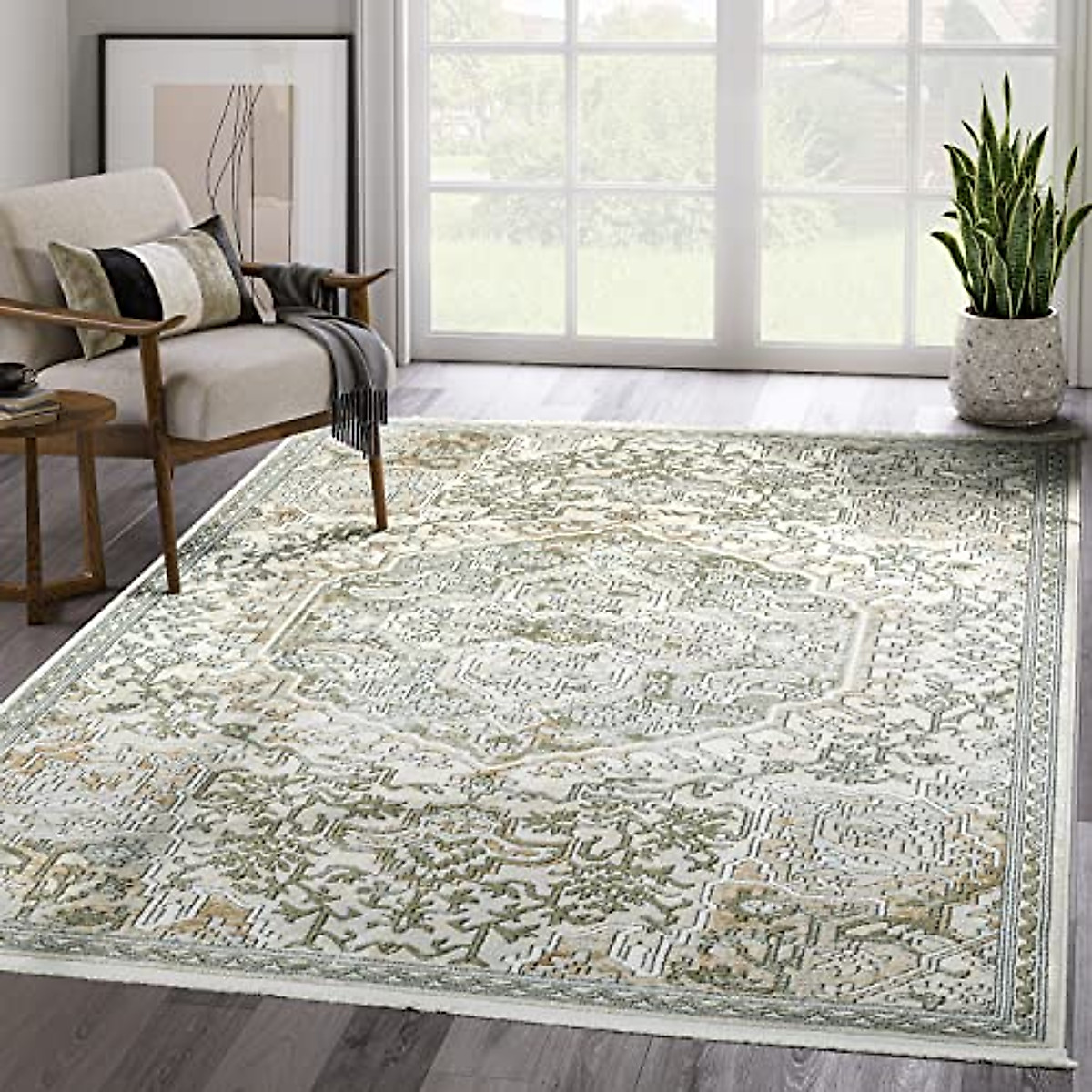 Abani Savoy Collection Area Rug - Beige/Green Vintage Design - 5'3" x 7'6" - Easy to Clean - Durable for Kids and Pets - Non-Shedding - Medium Pile - Soft Feel - for Living Room, Bedroom & Office