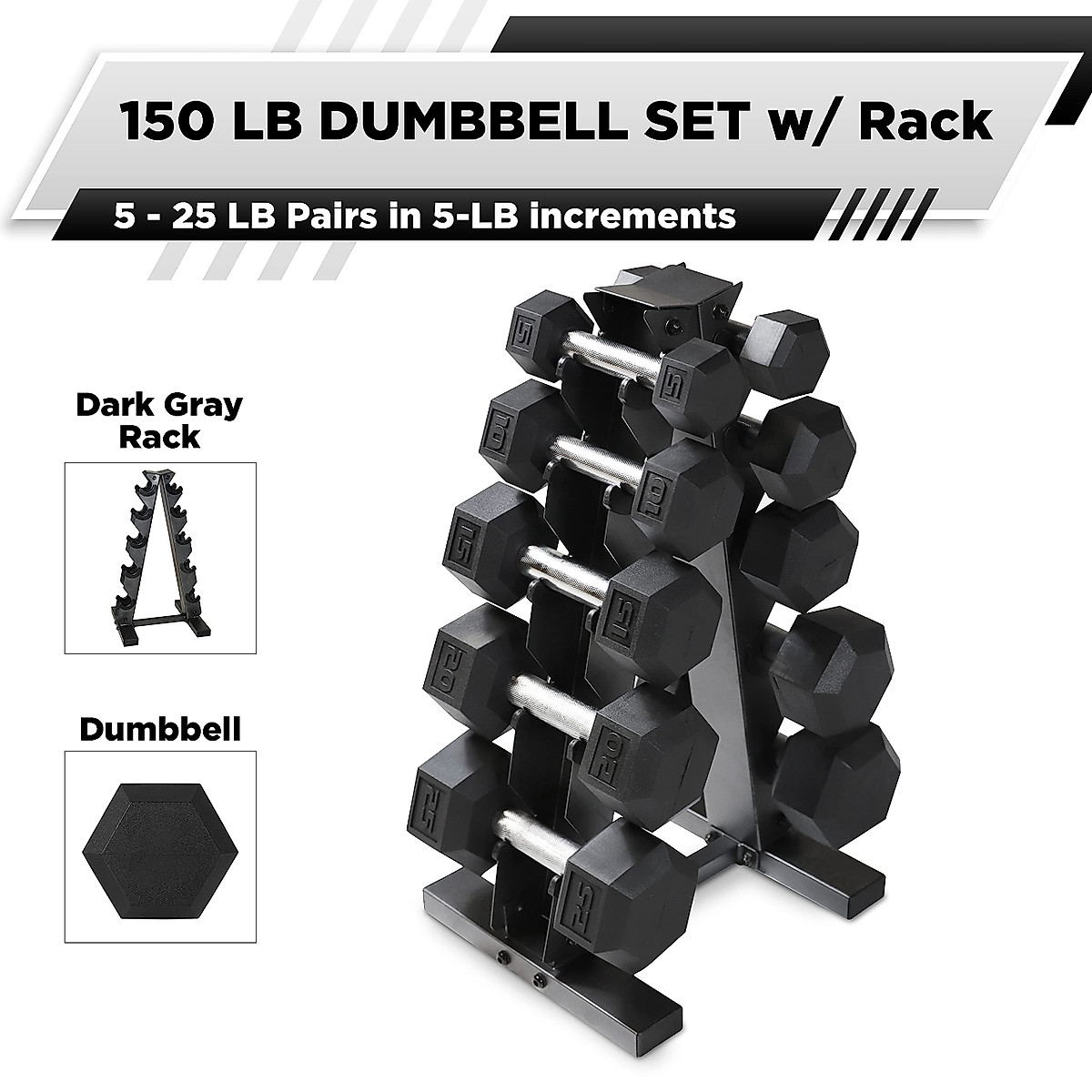 WF Athletic Supply 5-25Lb Rubber Coated Hex Dumbbell Set with A Frame Storage Rack Non-Slip Hex Shape for Muscle Toning, Strength Building & Weight Loss - Multiple Choices Available