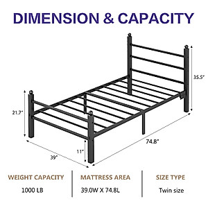 CollaredEagle Twin Bed Frame with Headboard and Footboard,Heavy Duty Steel Slats Support Metal Bed Frame with Charging Station, Black