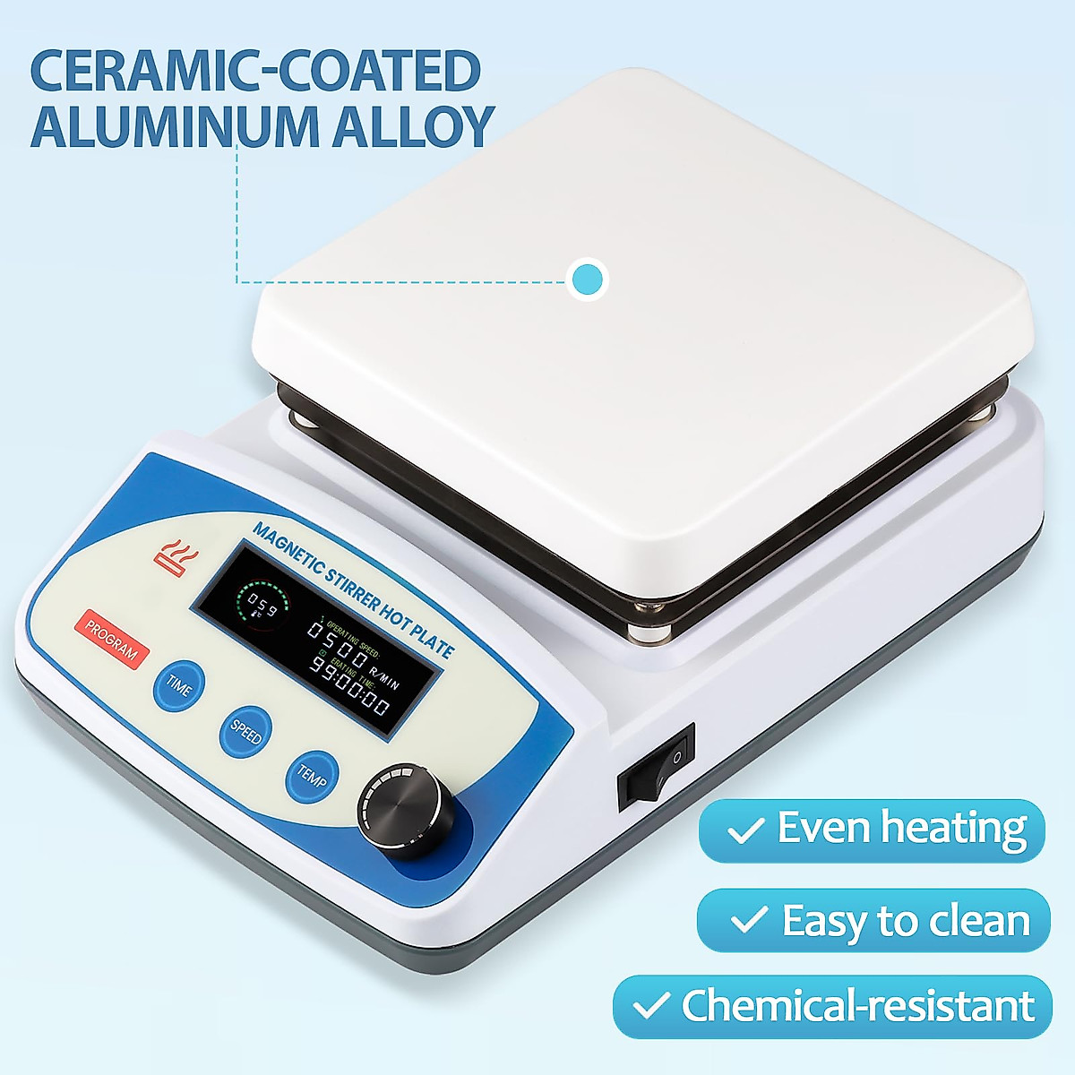 BAOSHISHAN 6.6 Inch Magnetic Stirrer Hot Plate with Timer, 6L Stirring Capacity 300C/572F Hotplate with 3 Stirring Bar, Stir Bar Retriever, Thermal Probe and Support Stand 110V