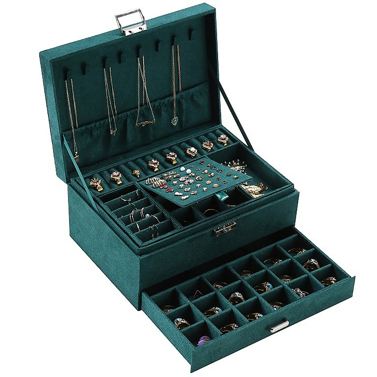 ProttyLife Jewelry Organizer Box for Women Girls, Jewelry Box 3-Tier Jewelry Display Case and Organizer,Lockable Jewelry Display Case Anti Tarnish,Varying Compartments for Necklaces, Bracelets, Rings