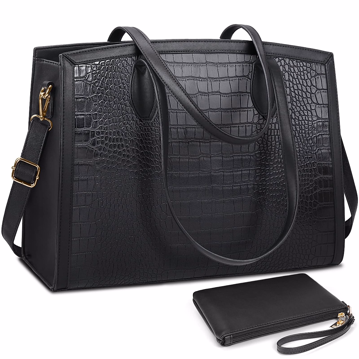 Laptop Bag for Women 15.6 Inch Laptop Tote Bags PU Leather Lightweight Womens Computer Bag Office Shoulder Bag Handbag Large Capacity Work Briefcase Bag 2PCs Black Crocodile Pattern