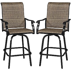 Yaheetech 2 PCS Patio Padded Swivel Bar Stools, Outdoor Padded Texteline Bistro Chairs with High Back and Armrest for Garden Lawn Balcony