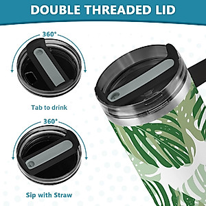 Yasala Car Tumbler with Handle Botanical Palm Leaves Travel Mug Coffee Cup Insulated Beverage Container Mega Cup for Hot Cold Drinking Thermos Water Bottle Cupholder Friendly 40 oz