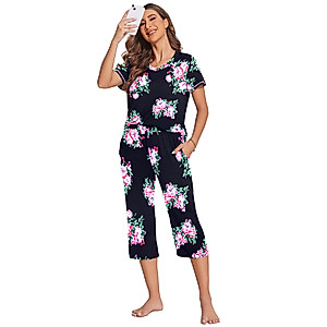 Ekouaer Women's Sleepwear Capri Pajama Sets Short Sleeve Two-Piece Pjs V Neck Tops & Capri Pants with Pockets S-3XL