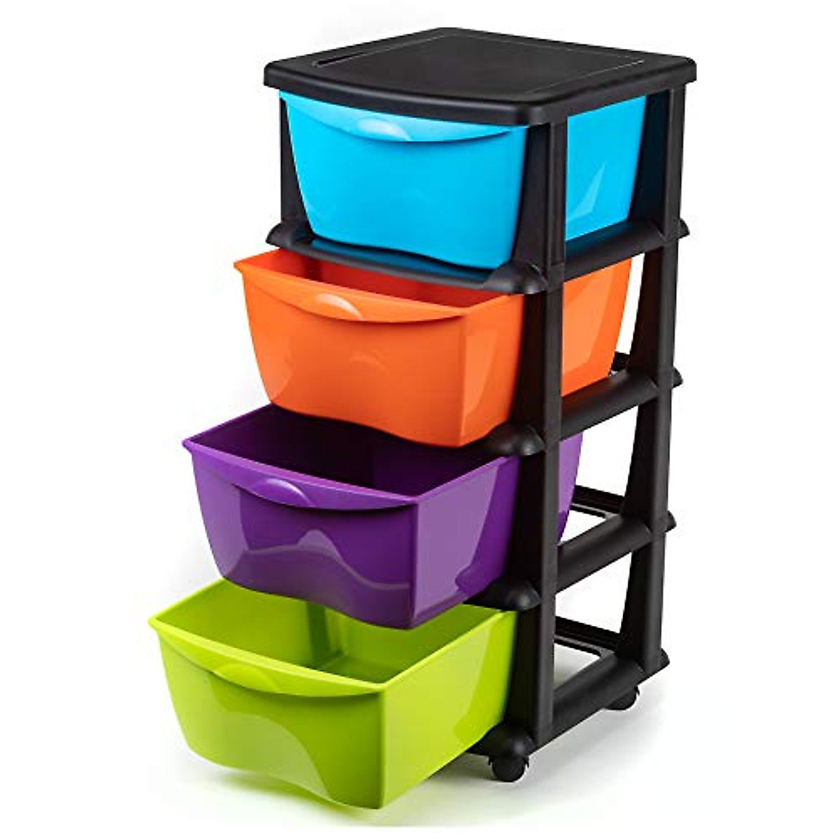 Maxi Nature Plastic Storage Drawers on Wheels - Sturdy Frame, Durable, Heavy Duty Organiser - 4 Tier Large Storage Unit for Bedroom, Bathroom, Garage, Office - Made in Europe - Multicolour