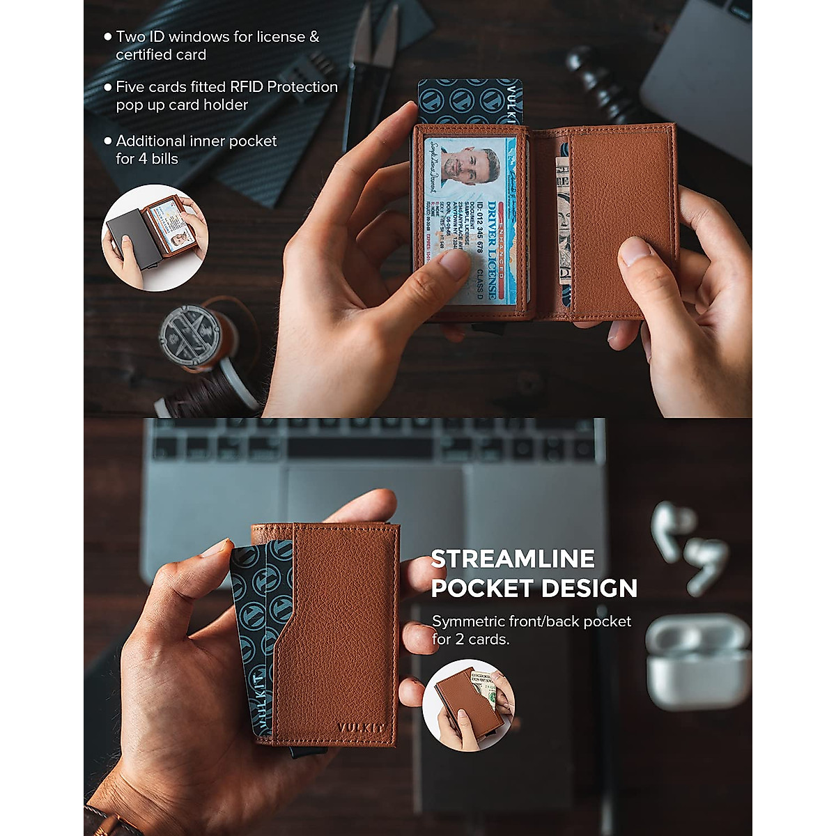 VULKIT Card Holder Wallet for Mens with ID Windows RFID Blocking Pop Up Wallet Slim Leather Wallet Holds Up to 12 Cards Men's Card Case, Brown