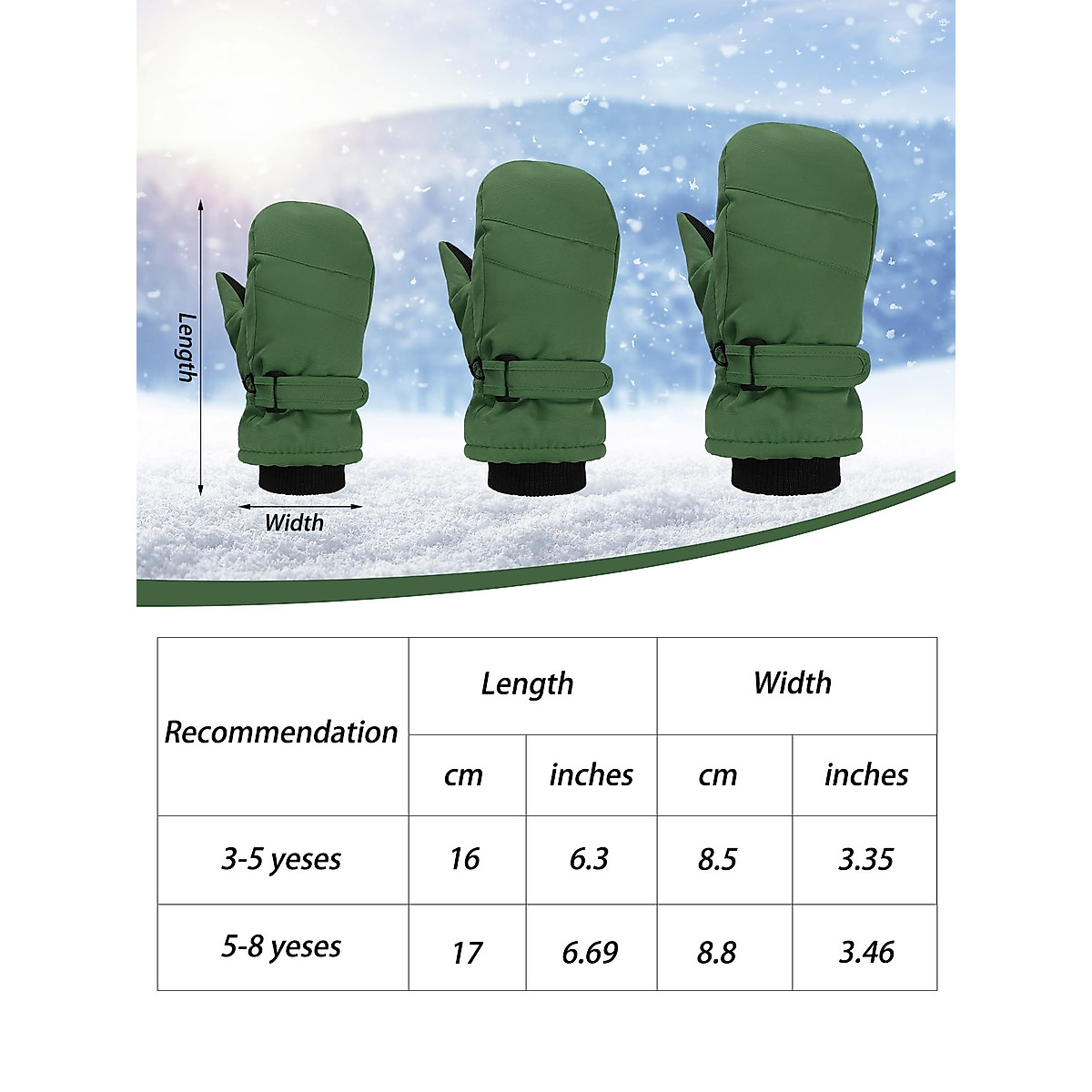 SATINIOR 2 Pairs Kids Snow Mittens Waterproof Winter Ski Gloves Warm Thicken Snow Gloves for Girls Boys (Black, Army Green, 3-5 Years)