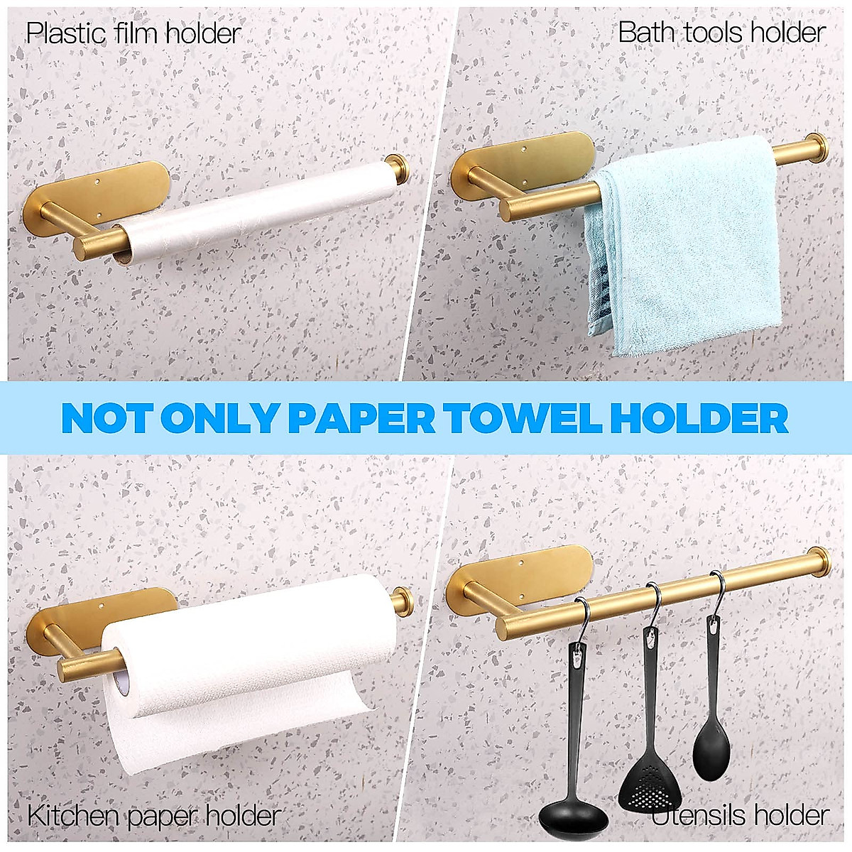Paper Towel Holder, Self Adhesive Gold Paper Towel Holder Under Cabinet, SUS304 Stainless Steel Wall Mount Paper Towel Holder for Kitchen, Countertop, Cabinet, Bathroom