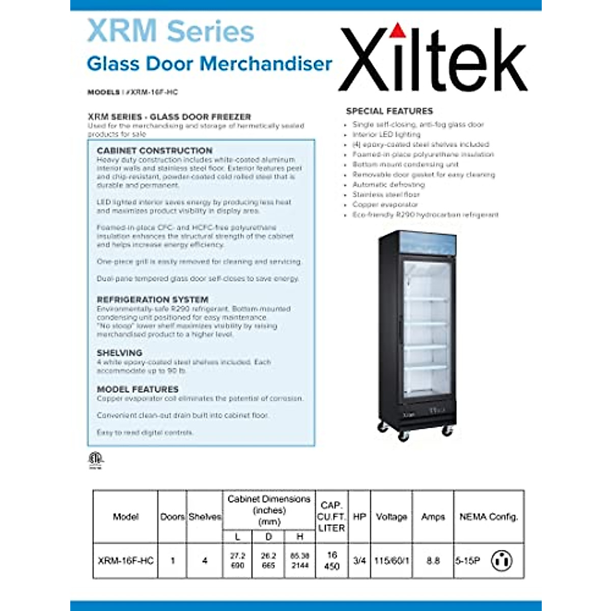 Xiltek New Single Door Upright Retail Merchandiser Display Freezer with Triple Paned Glass Door; 13 Cubic Ft.