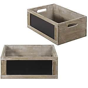 MyGift Rustic Brown Wood Crate with Chalkboard Label, Decorative Storage Bin Wooden Crates with Erasable Chalk Front Panel and Cut Out Handles, Set of 2