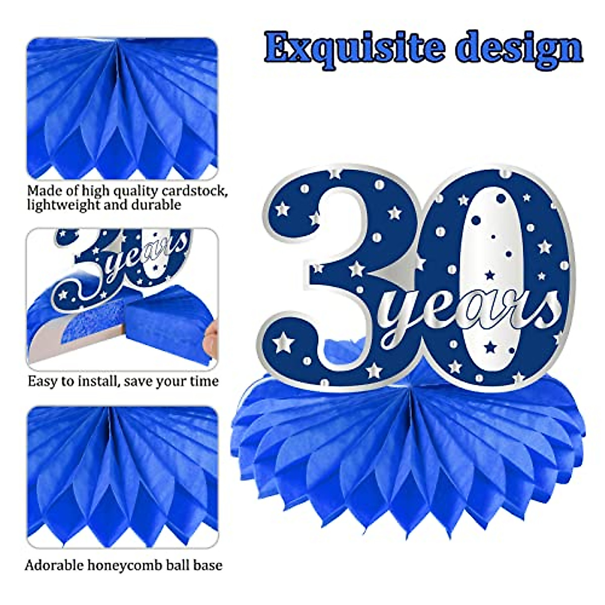 Kauayurk 8Pcs 30th birthday Honeycomb Centerpieces Decorations for Men, Blue Silver Happy 30 Table Centerpiece Party Supplies,Thirty Year Old Topper Decor Sign