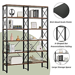 MELLCOM Double Wide 6-Tier Bookshelf, Industrial Open Large Bookcase, Wood and Metal Tall Bookshelves for Living Room Bedroom Office, Rustic Brown