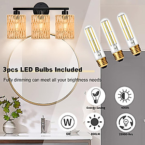 3-Light Black Bathroom Light Fixtures,Modern Rattan Bathroom Vanity Light Over Mirror,Rustic Bath Wall Mount Lights Fixtures with Boho Woven Wicker Lampshade,Farmhouse Wall Sconces Lamp for Bedroom