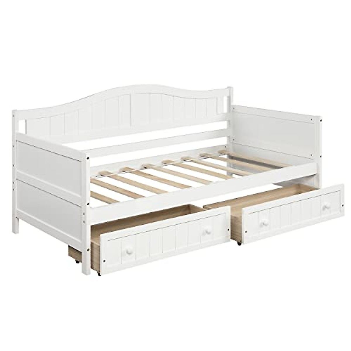 Sturdy Wood Twin Size Bed Frame Twin Wooden Daybed with 2 Drawers,?Sofa Bed for Bedroom Living Room,No Box Spring Needed,White