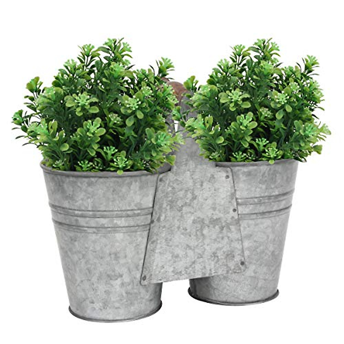 Stonebriar Small Antique Galvanized Metal Double Bucket with Wooden Handle, Gray