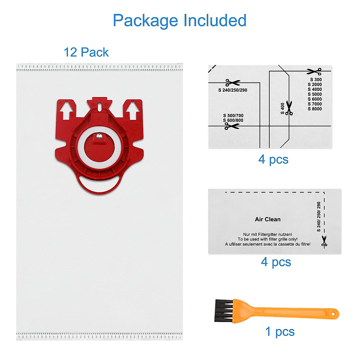 12 Pack FJM Vacuum Bags Compatible with Miele FJM Bags AirClean 3D Efficiency Vacuum Cleaner, Include 4 Pair Pre-Motor and Post-Motor Filters
