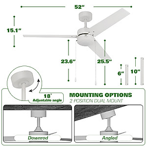 hykolity 52 inch Ceiling Fan with LED Lights(3000K/4000K/5000K), Pull Chain, Noiseless Reversible Motor and Blades, 3 Speed, ETL Listed, for Patio Living Room, Bedroom, Office - White