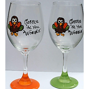 Thanksgiving Turkey Orange Green Gobble Til You Wobble Hand Painted Wine Glasses Set of 2