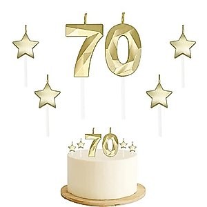 70th Birthday Candles for Cake - Number 70 & 7 & 0 Birthday Candles and Glitter Star Birthday Candles 2 Inch 3D Diamond Shape Number Candles for Birthday Party Anniversary Kids Adults(Gold)