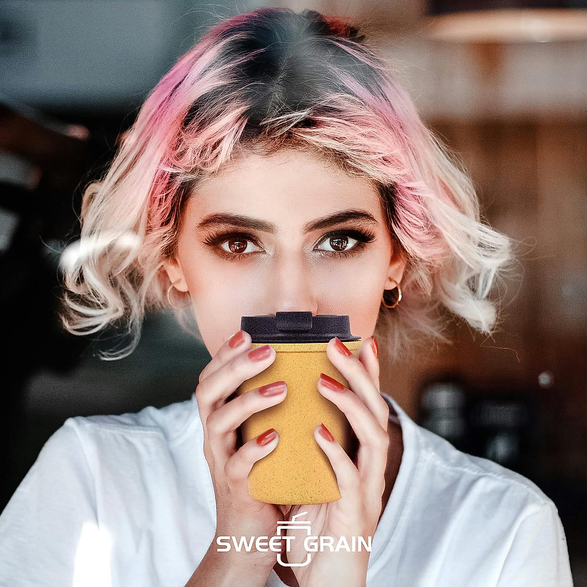 sweet grain 12oz Wheat Straw Coffee Cup with Lid - Double-Wall Insulated Travel Mug, Leakproof Reusable Tumbler for Commute, Hot/Cold Beverages (Yellow)