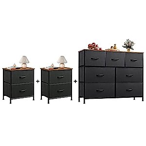 WLIVE 2-Drawer Nightstand and 7-Drawer Dresser Set, Fabric Storage Tower for Bedroom, Hallway, Nursery, Closets, Tall Chest Organizer Unit with Textured Print Fabric Bins, Steel Frame