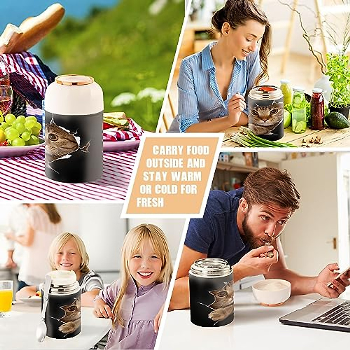 CUPADA Cat Funny Food Jar, Black Paper Hole Insulated Hot Food Jars Vacuum 17OZ with Folding Spoon for Work Trip Picnic Camping