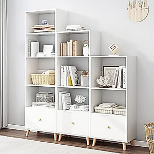 IOTXY 3-Tier Open Shelves Bookcase - 47 Inches Height Modern Floor Standing Cubes Wooden Low Bookshelf with Storage Drawer and Legs, White