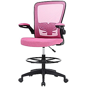 Drafting Chair Tall Office Chair Mid-Back Mesh Ergonomic Computer Chair High Adjustable Standing Desk Chair with Lumbar Support Adjustable Foot Ring and Flip-Up Arms (Pink)