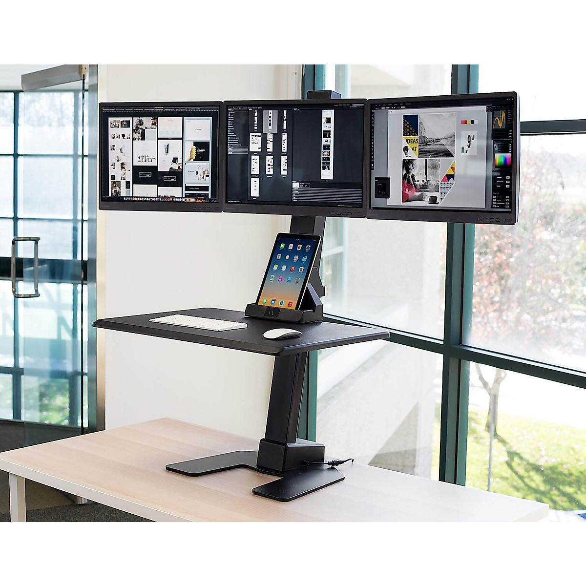 Mount-It! Triple Monitor Electric Standing Desk Converter - 3 Screens Stand Up Desk Riser - Height Adjustable Desktop & 3 Mounts for Screens up to 32", Sit-Stand Convertor for Home, Office, School