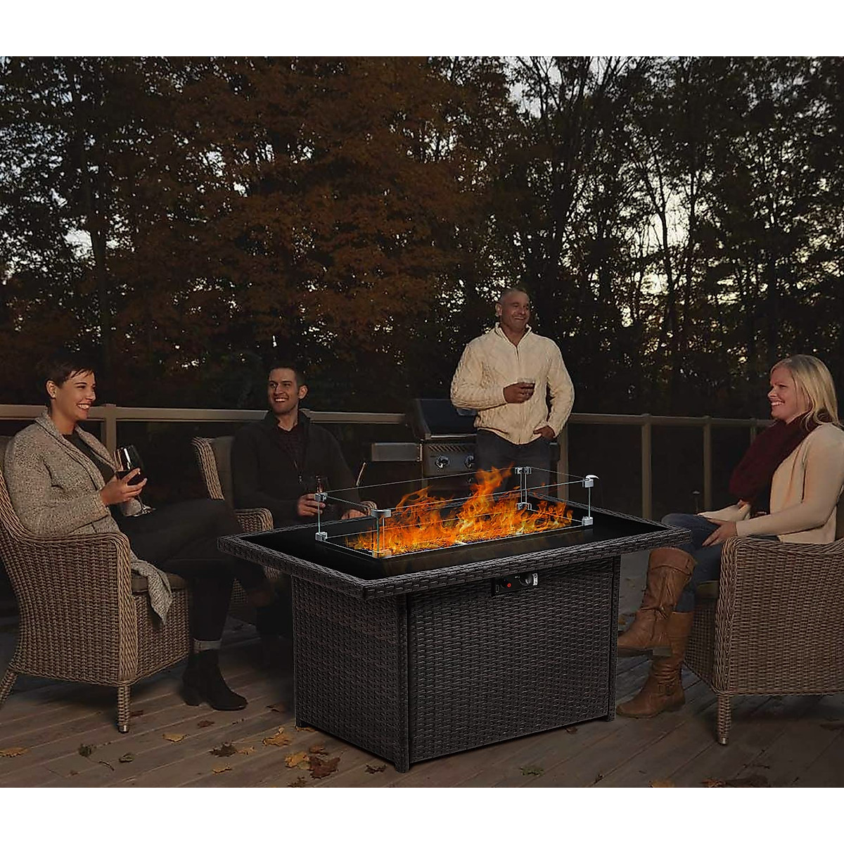 Vakollia Propane Fire Pit Table,44 Inch 55000 BTU Outdoor Gas Fire Pit Rectangular with Glass Wind Guard for Outside Patio Deck (Brown-Glass Top)