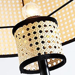 VidaLite Nakuv - Modern Bohemian Floor Lamp with 2 Tier PVC Rattan Shade and Velvet Stiched Rim for Foyer, Kitchen Living Room, Bedroom, Beige