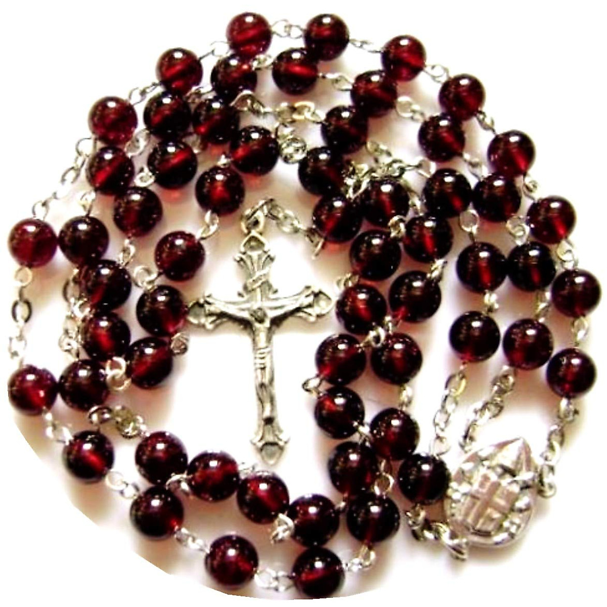 elegantmedical HANDMADE Garnet Gemstone Bead Catholic Sterling 925 Silver 5 DECADE ROSARY Cross Crucifix Necklace Womens/Girls