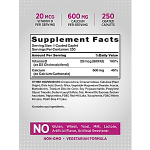 Nature's Truth Calcium 600mg with Vitamin D3 | 250 Tablets | Calcium Carbonate Supplement | Vegetarian, Non-GMO & Gluten Free