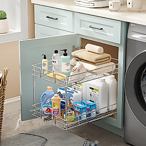 ROOMTEC Pull Out Cabinet Organizer 20" W x 21" D, Kitchen Cabinet Organizer and Storage 2-Tier Cabinet Pull Out Shelves Under Cabinet Storage for Kitchen Chrome