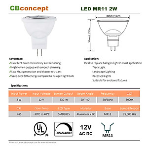 CBconcept UL-Listed MR11 GU4.0 LED Light Bulbs, 10-Pack, 2 Watt, Dimmable 230 Lumen, Warm White 3000K, 36° Beam Angle, 12 Volt, 20W Halogen Bulbs Equivalent,Landscape/Accent/Recessed/Track Lighting